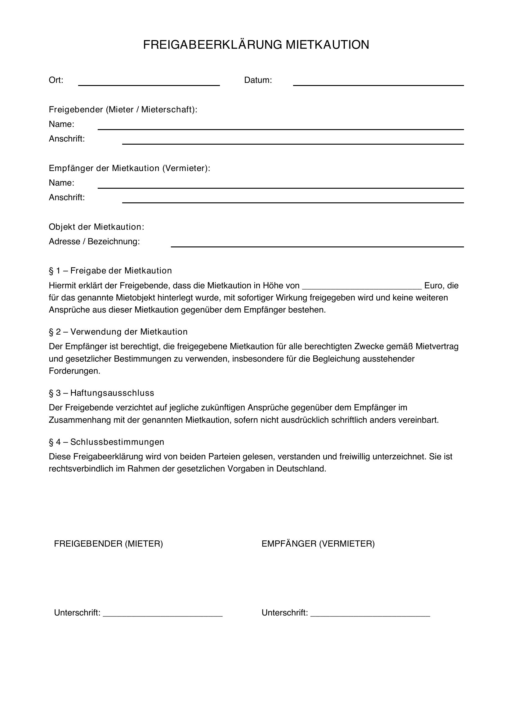 Freigabeerklarung Mietkaution Pdf